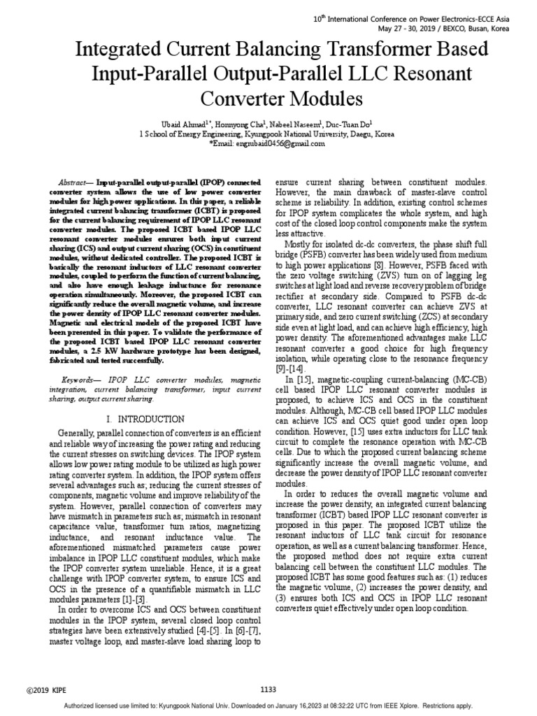 Integrated Current Balancing Transformer Based Input-Parallel Output-Parallel LLC Resonant ...
