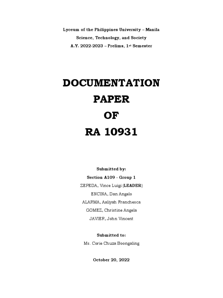 Documentation Paper of RA 10931 | PDF | Human Rights | Employment