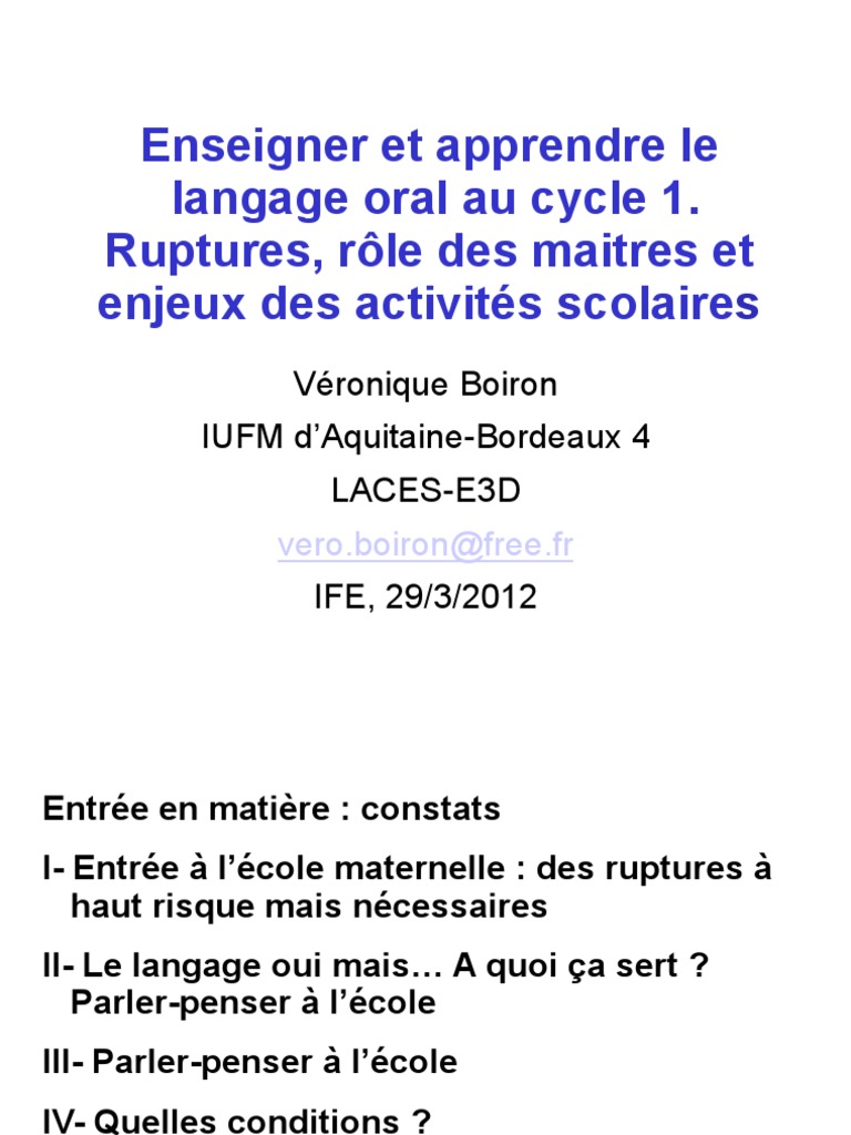 Langage oral au cycle 1 : enjeux et ruptures | PDF | Apprentissage ...
