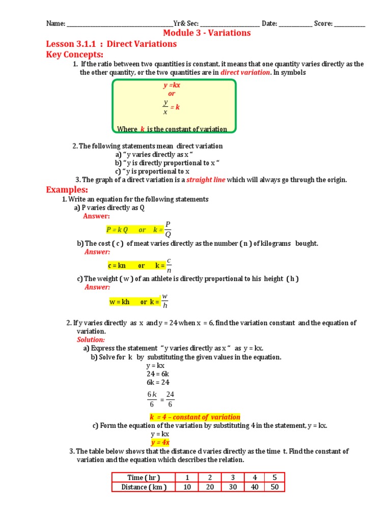 Understanding Direct Variations | PDF | Equations | Weight
