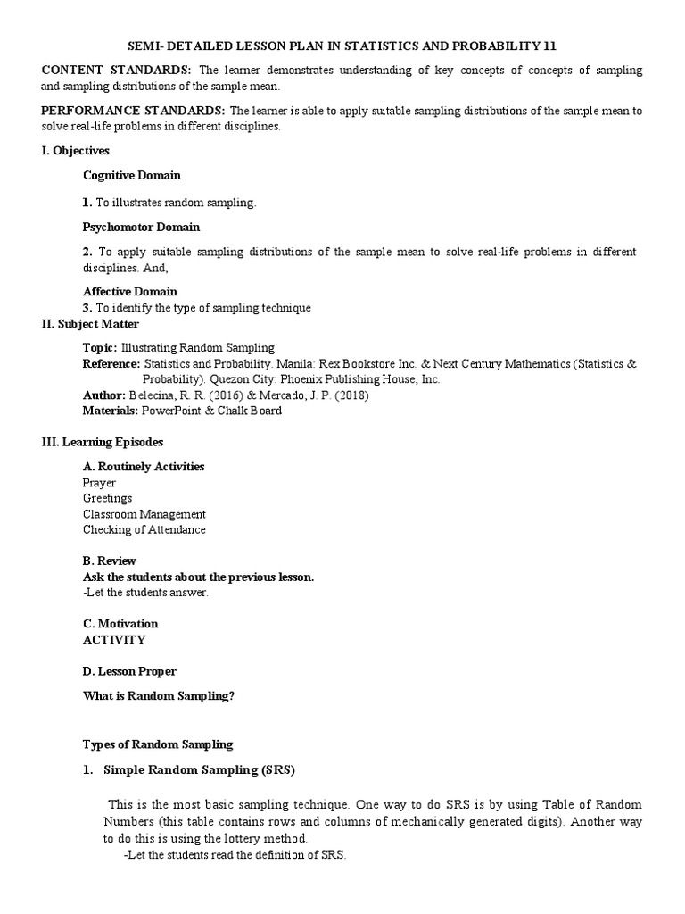 Semi Detailed Lesson Plan in Stat. & Prob 11 | PDF | Sampling ... Semi Detailed Lesson Plan in Stat. & Prob 11 | PDF | Sampling ...