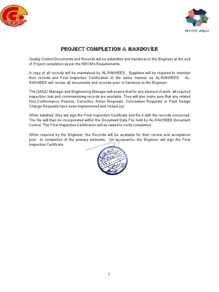QAS 21 - Project Completion and Handover Procedure | PDF