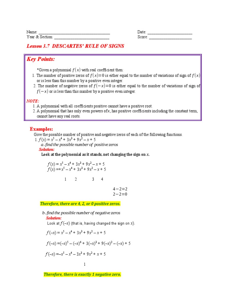 Lesson 3.7 Descartes Rule of Signs | PDF | Polynomial | Numbers