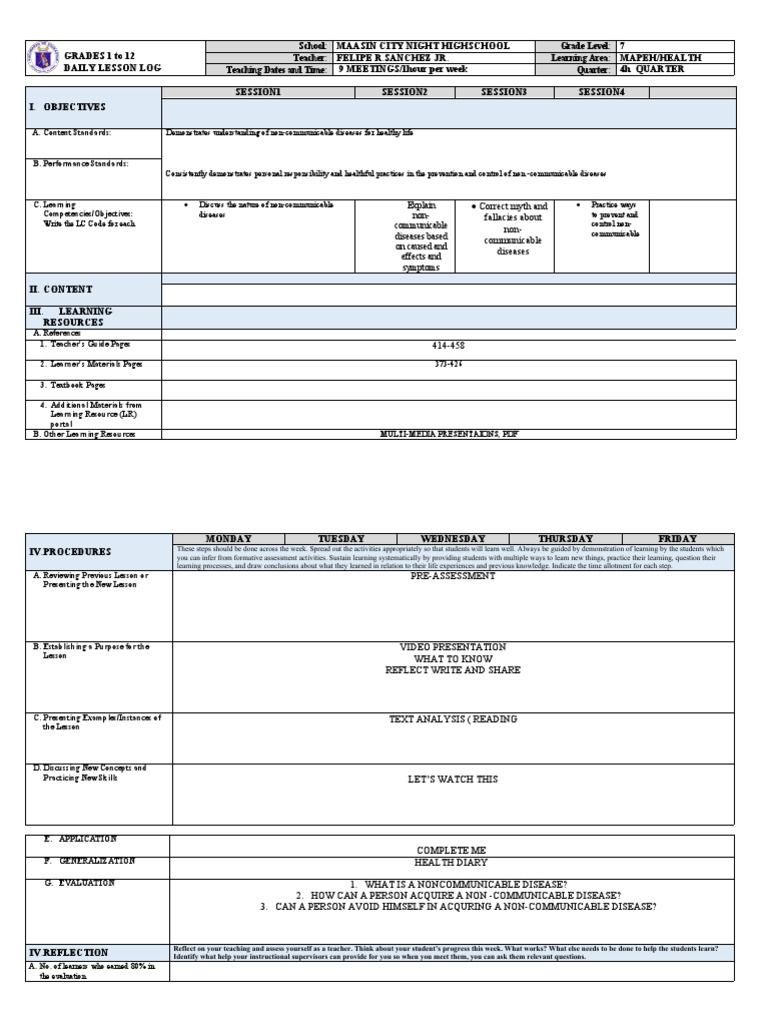 G7 DLL Mapeh Health Q3-4 | PDF | Learning | Teachers