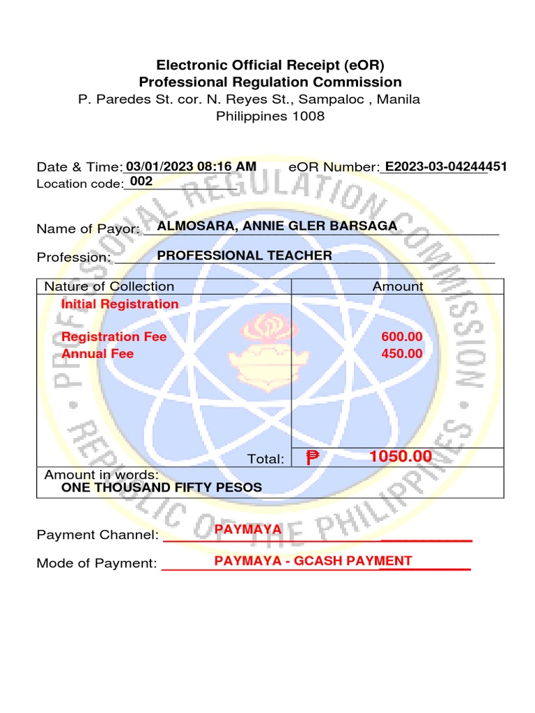 Electronic Official Receipt (eOR) Professional Regulation Commission | PDF