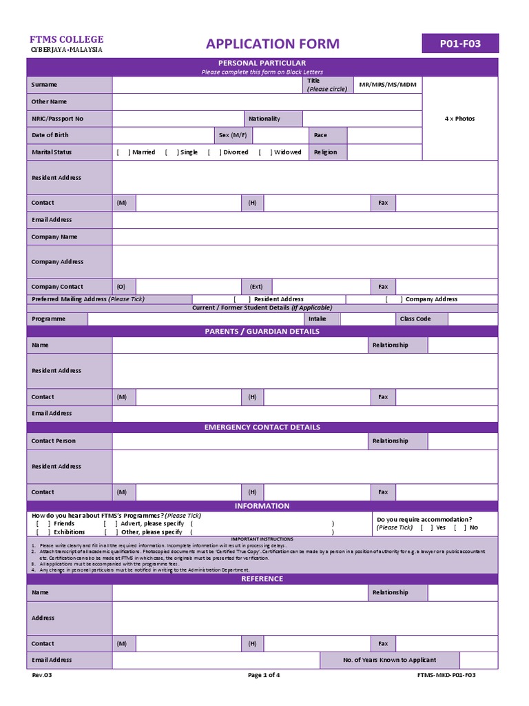 Application Form: Ftms College | PDF | Bachelor's Degree | Diploma