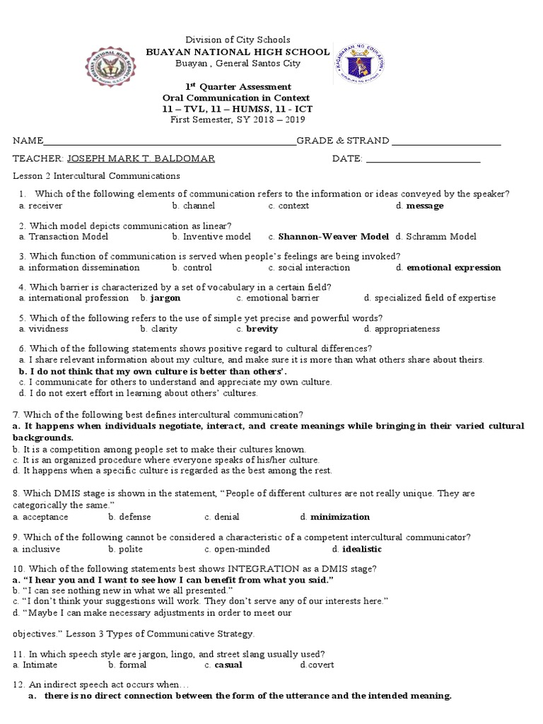 1st Periodical Exam Oral Communication in Context With Answer Key | PDF ...