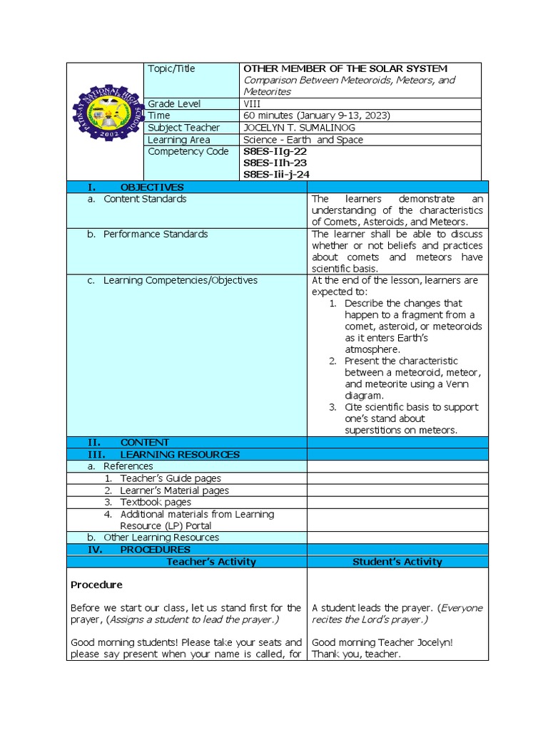 Lesson Plan in Science 8 About Meteors | PDF | Meteoroid | Astronomical ...
