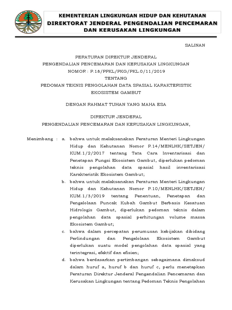 1) - Perdirjen P18 - PPKL - PKG - PKL0 - 11 - 2019 Pedoman Teknis Pengolahan Data Spasial ...