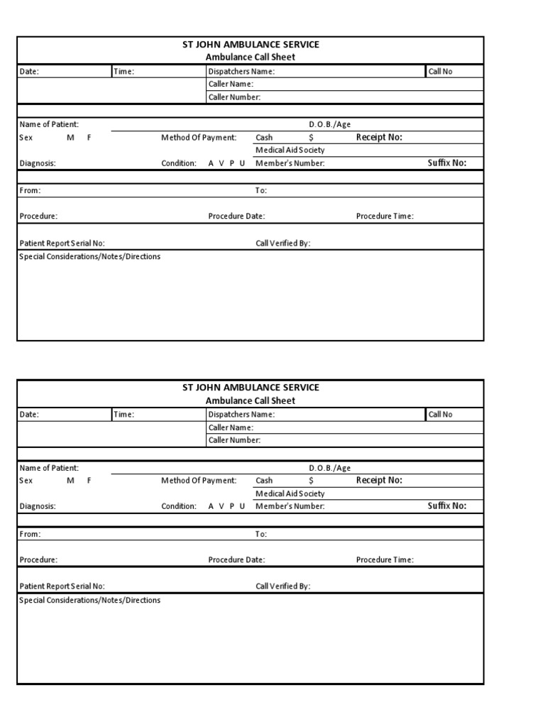 Ambulance Call Sheet | PDF