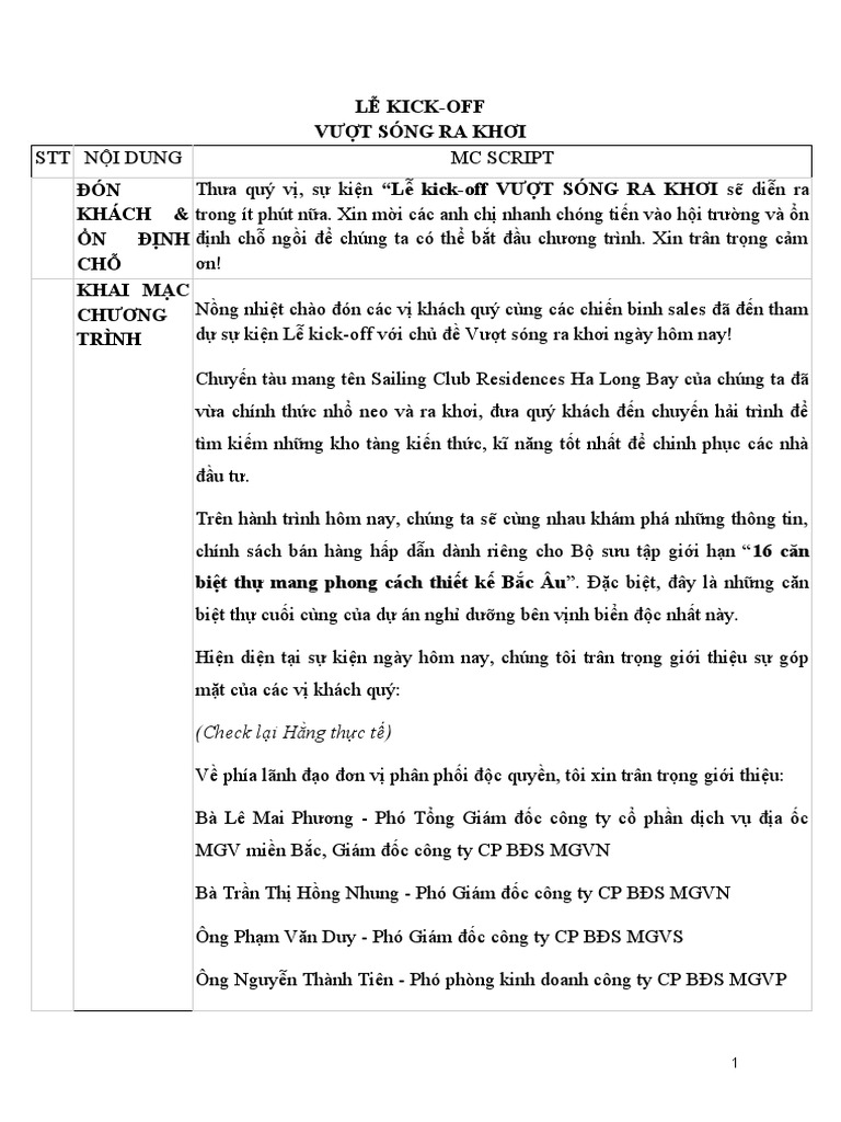 11.2 MC Script - Lễ kick-off Vượt sóng ra khơi | PDF