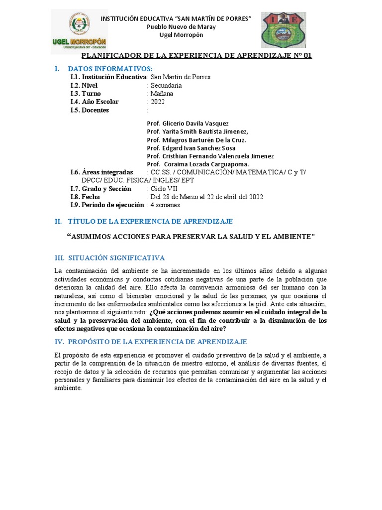 PLANIFICADOR - DE - LA - EXPERIENCIA - DE - APRENDIZAJE - CICLO - VII (3 y 4) | PDF | Las ...