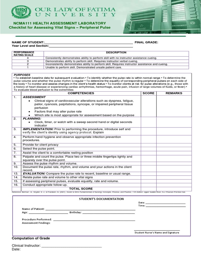 Peripheral Pulse Assessment Checklist | PDF | Pulse | Medicine