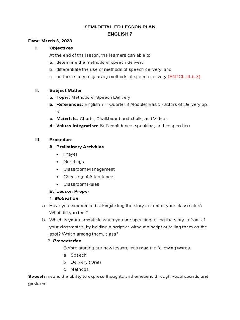 SEMI-DETAILED LESSON PLAN - Methods of Speech Delivery | PDF | Speech ...