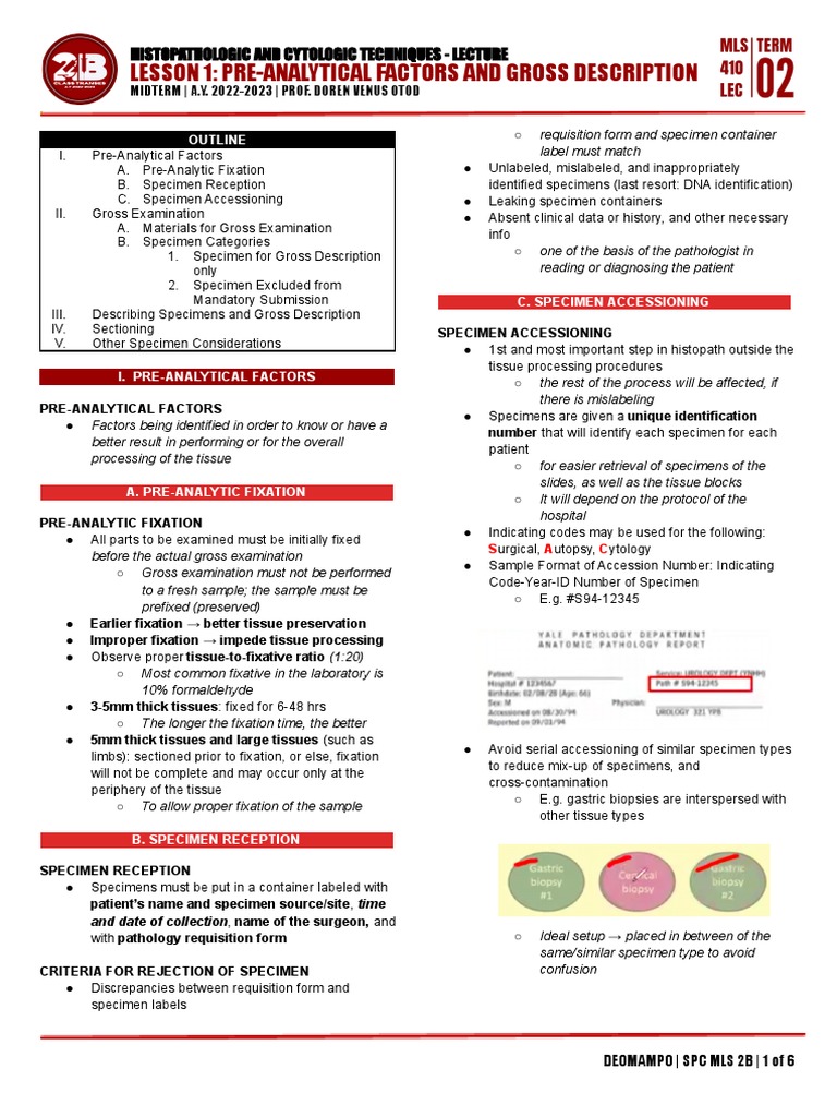 Pre-Analytical Factors and Gross Description - SPC MLS 2B - Histopath Lec PDF | PDF | Fixation ...