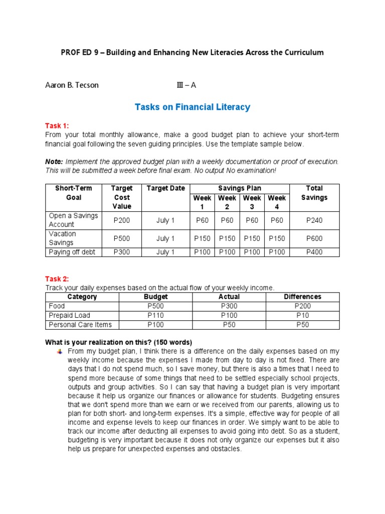 Financial Literacy Activities Prof Ed 9 Aaron Tecson | PDF | Budget | Debt