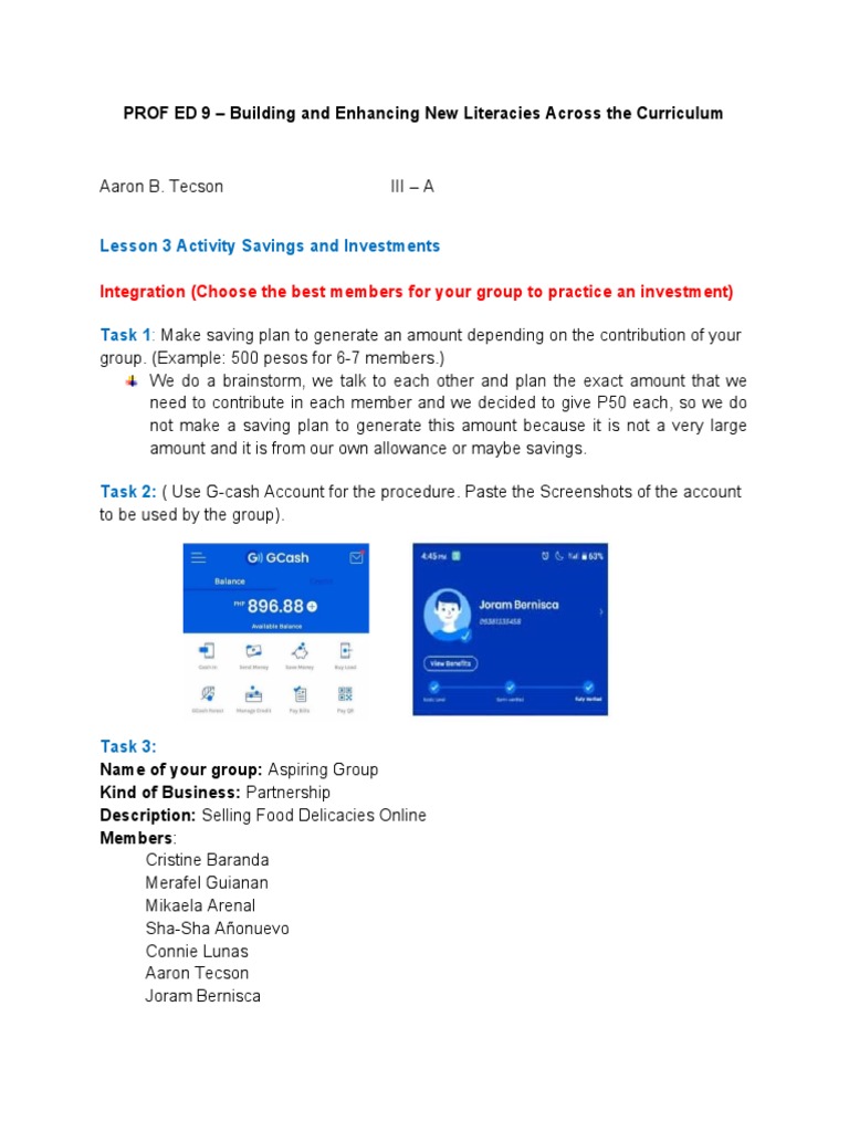 Lesson 3 Activity Savings and Investments Prof Ed 9 Aaron Tecson | PDF | Foods | Cuisine