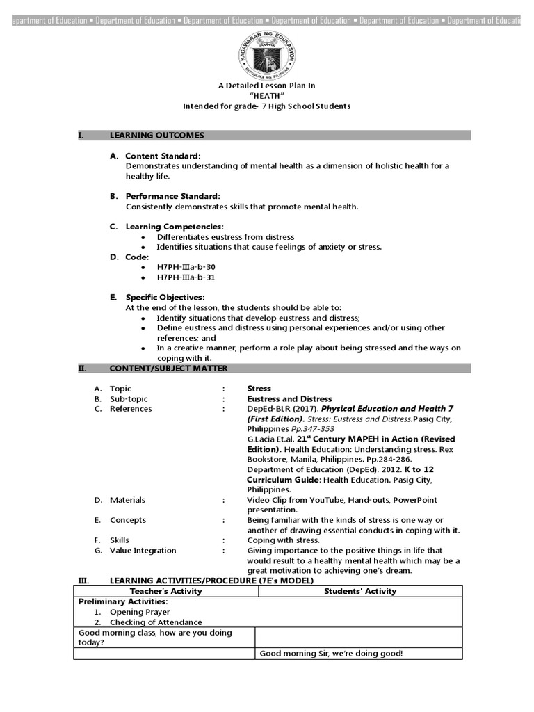 Stress Management Lesson Plan for Grade 7 | PDF | Stress (Biology ...