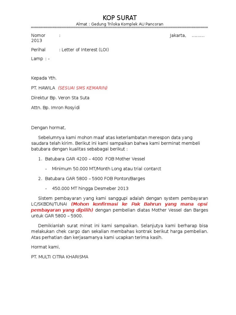 Contoh LOI Batubara GAR 42 | PDF