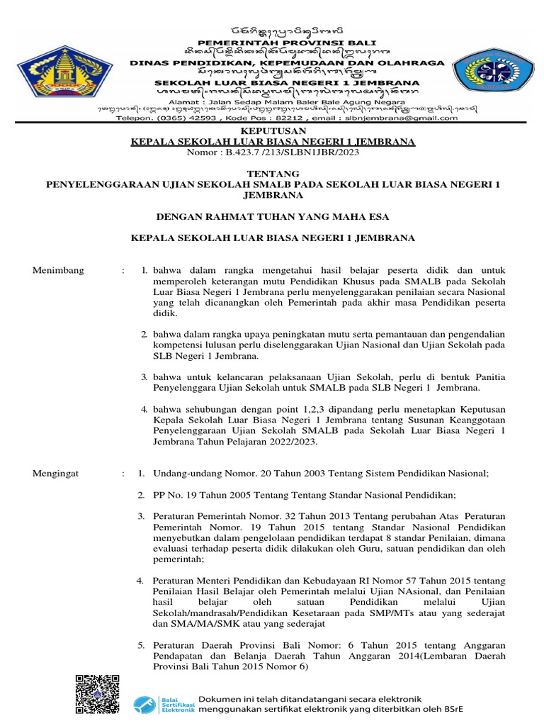SK UJIAN SEKOLAH SMALB PADA SEKOLAH LUAR BIASA NEGERI 1 JEMBRANA Tte | PDF SK UJIAN SEKOLAH SMALB PADA SEKOLAH LUAR BIASA NEGERI 1 JEMBRANA Tte | PDF