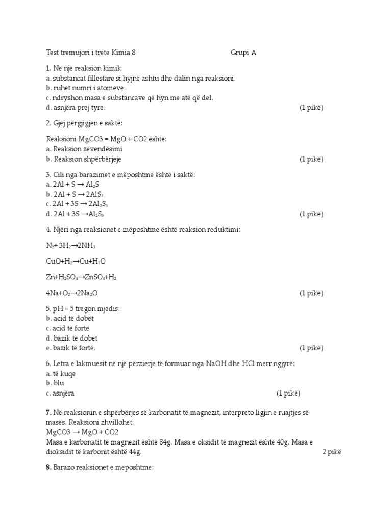 Test Tremujori I Trete Kimia 8 | PDF
