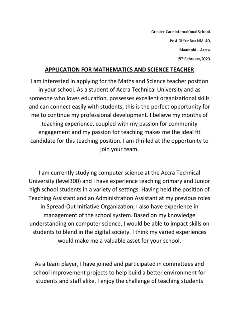 Application For Mathematics and Science Teacher | PDF | Teachers | Schools