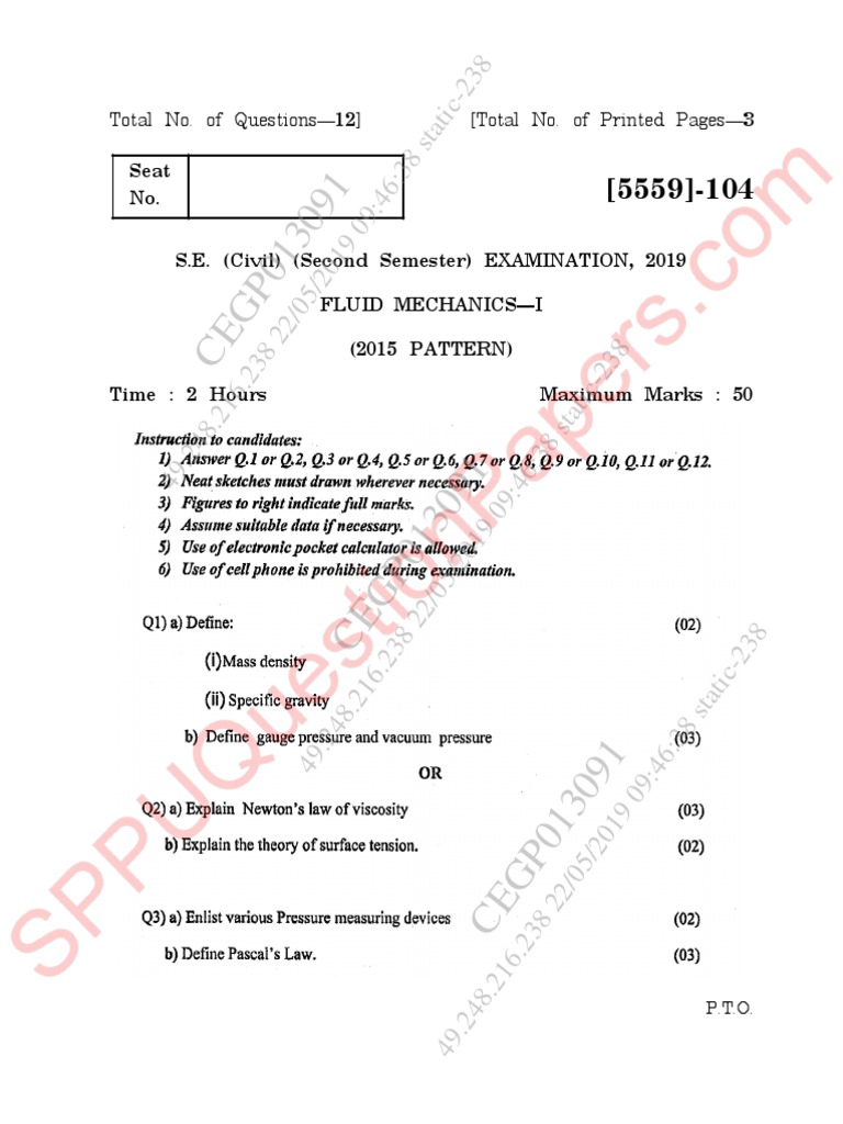 Be - Civil Engineering - Semester 4 - 2019 - May - Fluid Mechanics I fm1 Pattern 2015 PDF | PDF