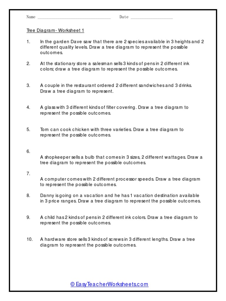 Tree Diagram Worksheets for Outcomes | PDF