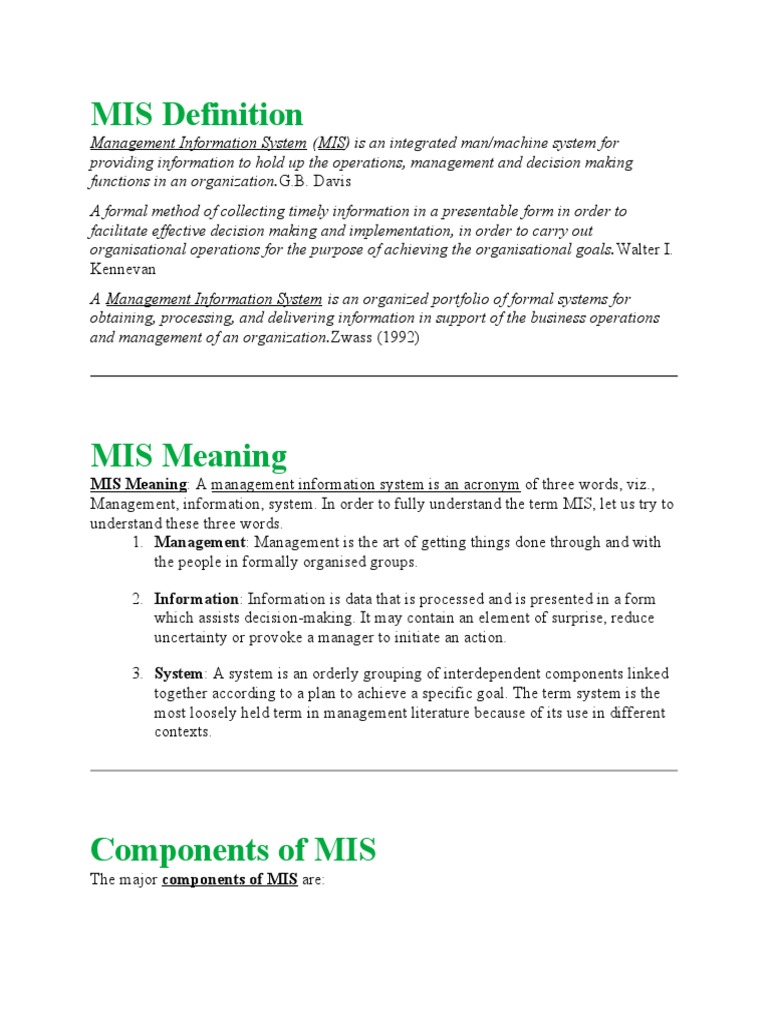 MIS Meaning, Ojective and Characteristics | PDF | Management ...