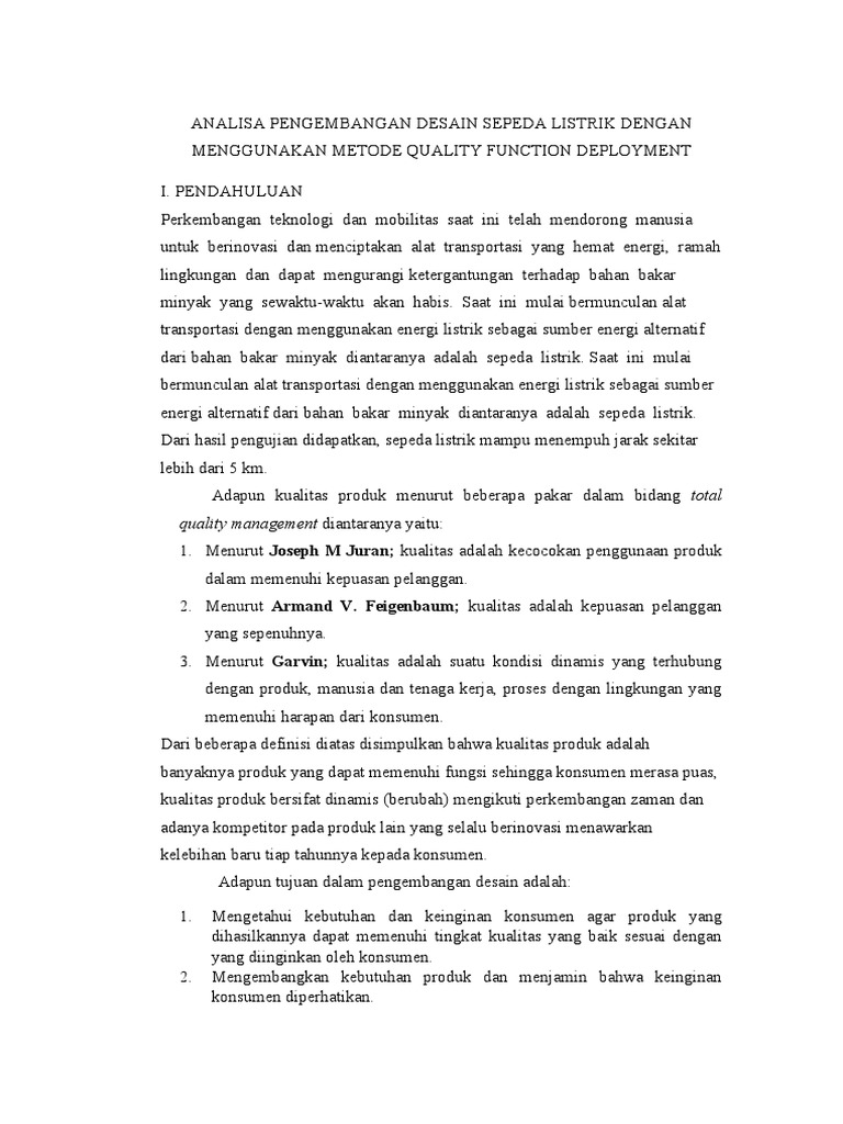 Analisa Pengembangan Desain Sepeda Listrik Dengan Menggunakan Metode Quality Function Deployment ...