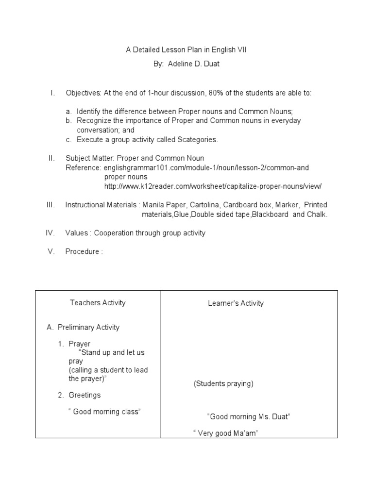 A Detailed Lesson Plan in English VII | PDF | Noun | Lesson Plan