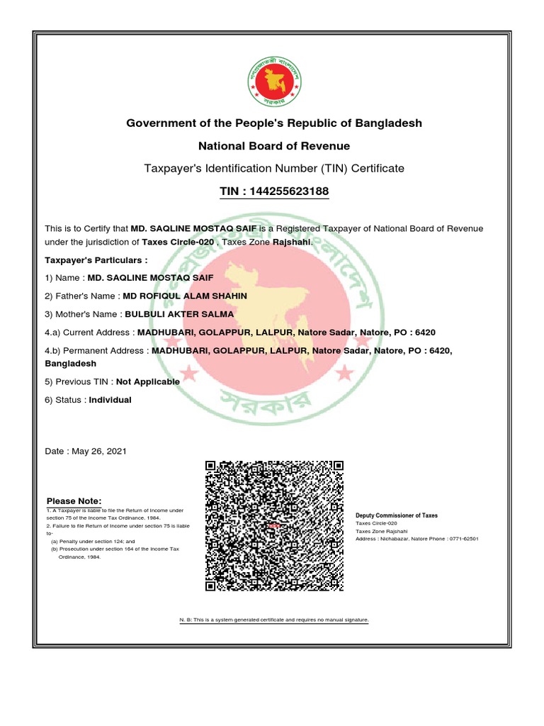 Md. Saqline Mostaq Saif's Taxpayer Identification Number Certificate | PDF