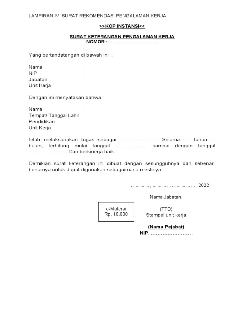 Lampiran Iv. Surat Keterangan Pengalaman Kerja | PDF | Karier & Perkembangan