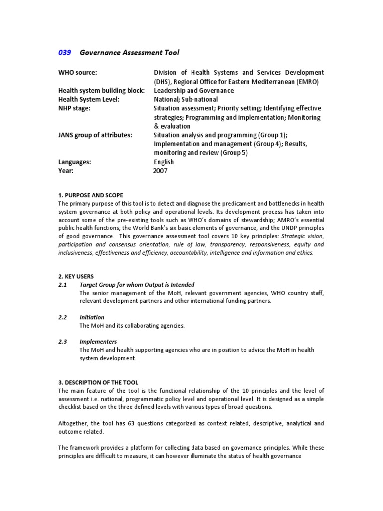 Health Governance Assessment Tool | PDF | Governance | Health System