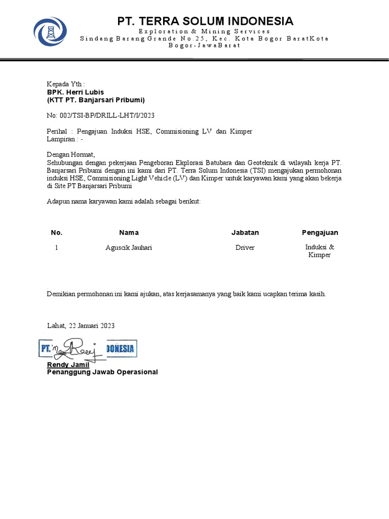 Surat Permohonan Induksi HSE, Kimper PT BP | PDF