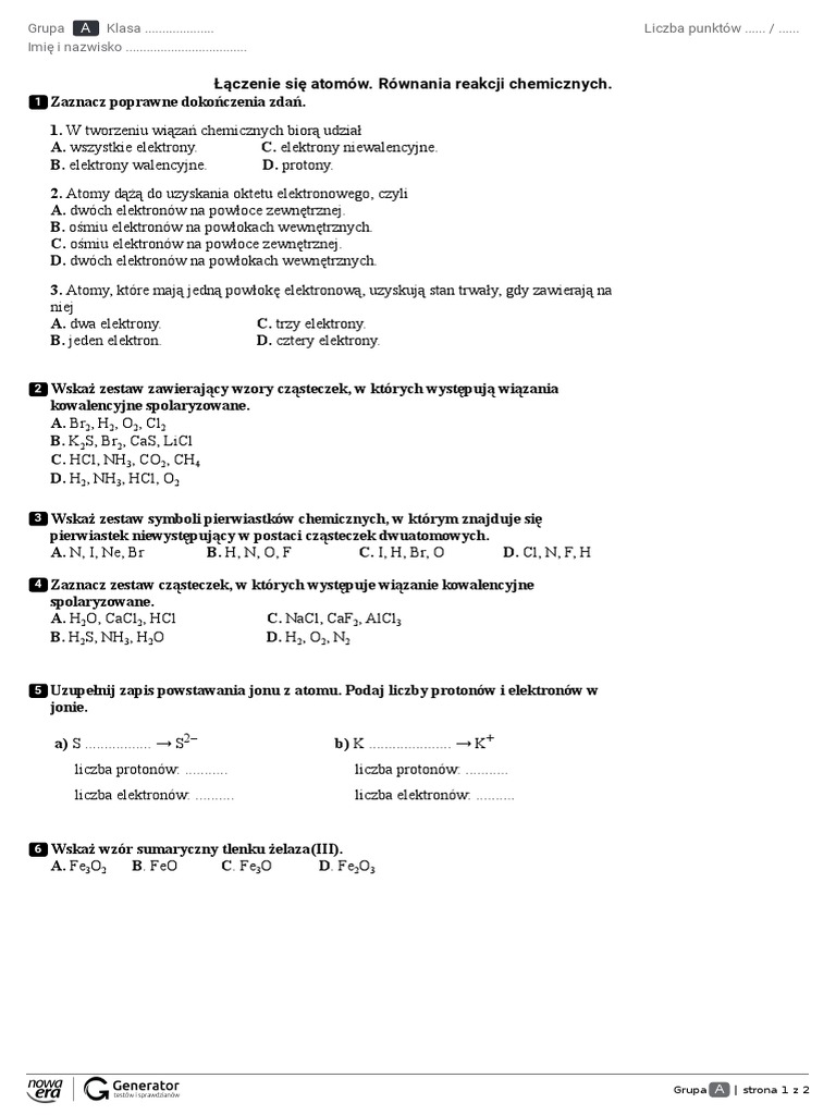 Sprawdzian - Łączenie Się Atomów PDF | PDF