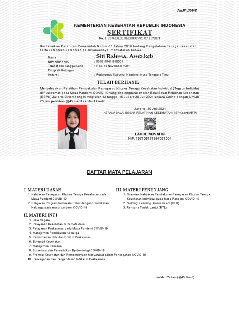 Sertifikat Siti Rahma, Amd - Keb - Puskesmas Kaburea, Nagekeo, Nusa ...