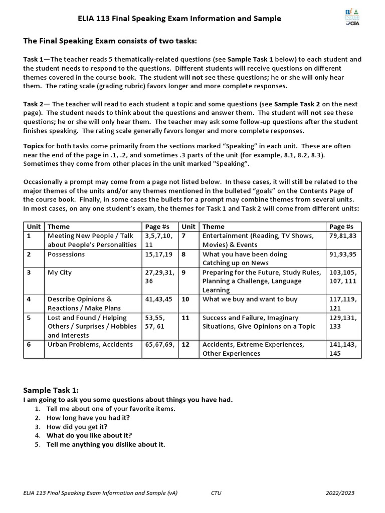 ELIA 113 Final Speaking Exam Information and Sample 2022.23 Va PDF ...