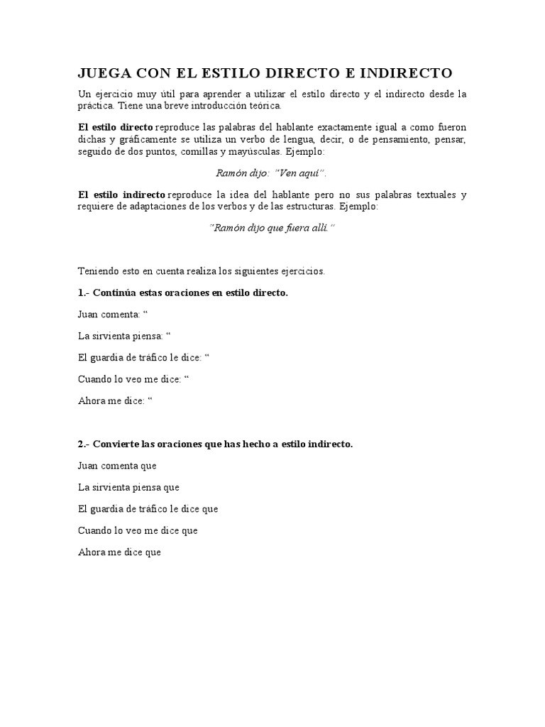Actividades Estilo Directo e Indirecto | PDF | Artes del Lenguaje y ...