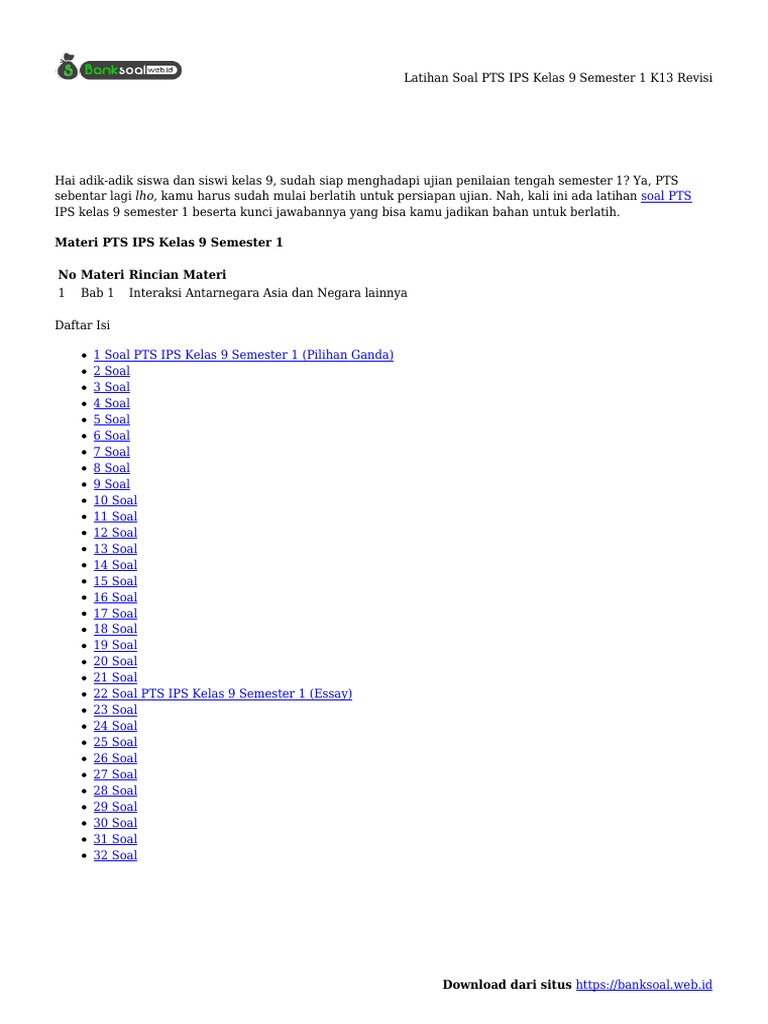 Latihan Soal PTS IPS Kelas 9 Semester 1 K13 Revisi | PDF