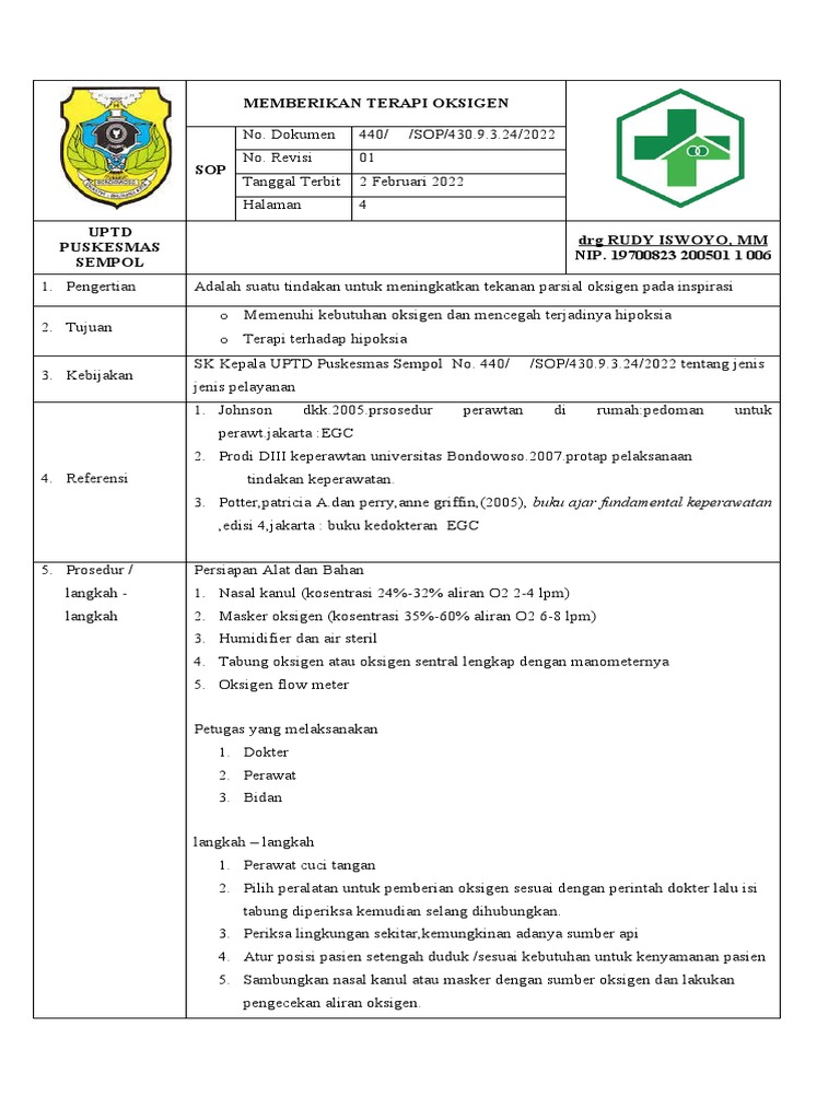 SOP MEMBERIKAN TERAPI OKSIGEN | PDF