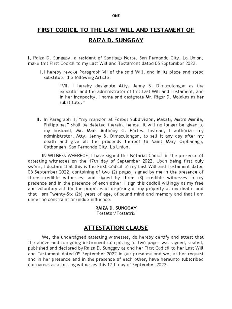 First Codicil To The Last Will and Testament of | PDF | Will And ...