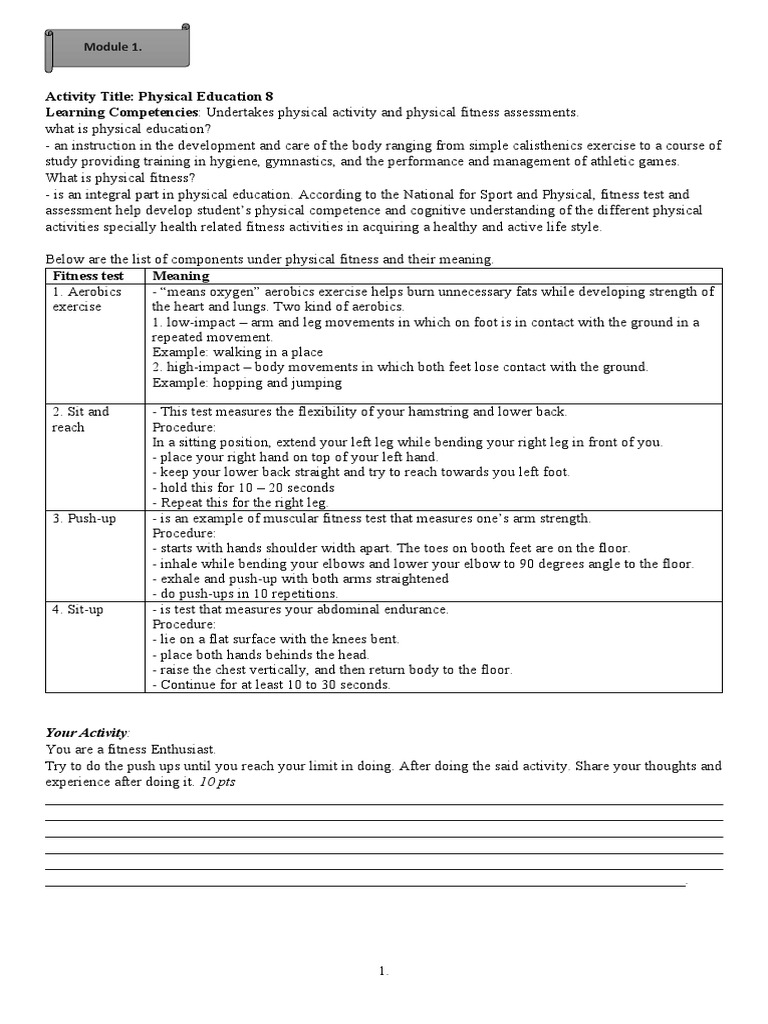 Grade 8 Pe Module | PDF | Physical Fitness | Physical Education