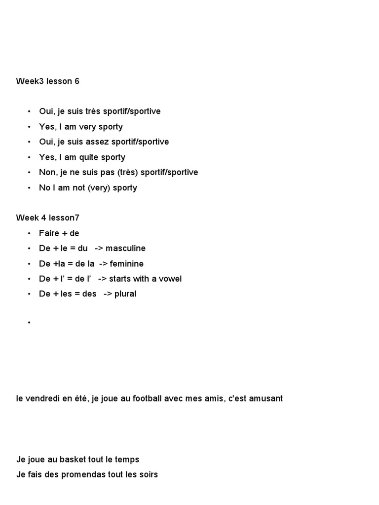 French Revision Year 7 | PDF | Des sports | Exercice physique