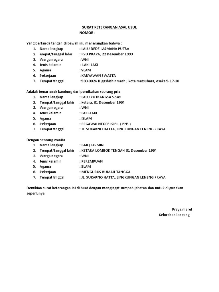 Surat Keterangan Asal Usul Anak | PDF | Agama & Spiritualitas