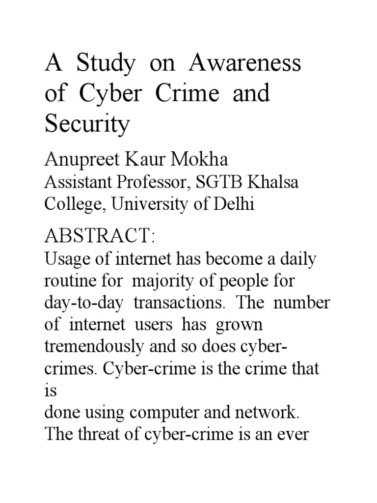A Study On Awareness of Cyber Crime and Security: Anupreet Kaur Mokha ...