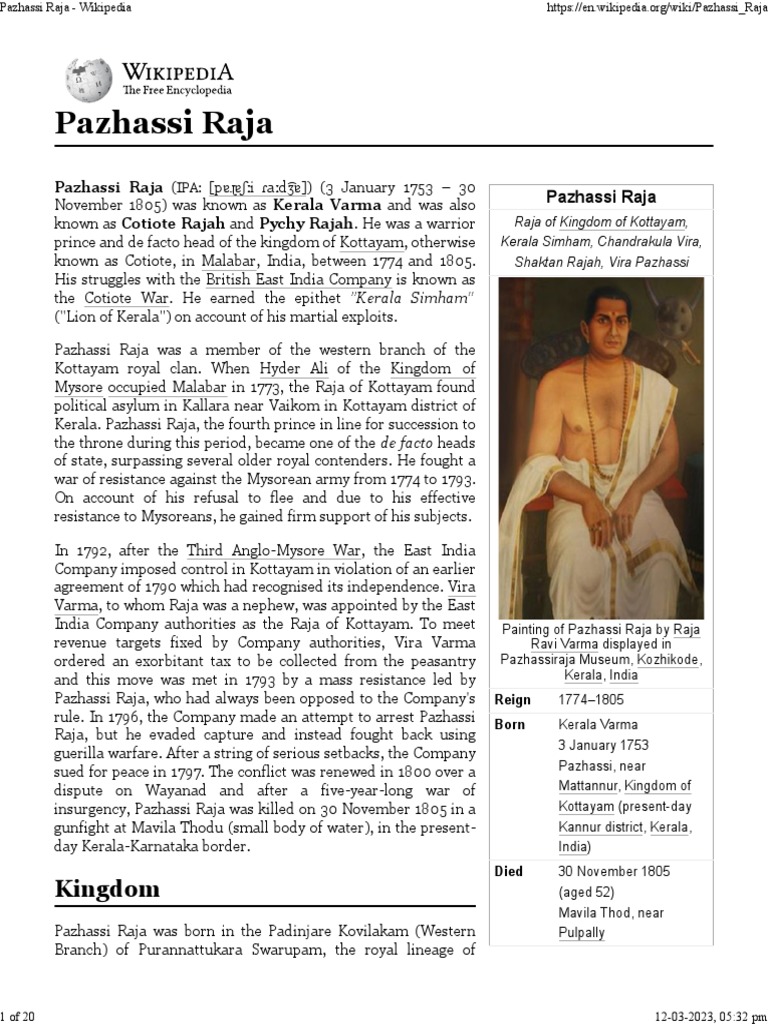 Pazhassi Raja - Wikipedia | PDF | Conflicts | Kerala