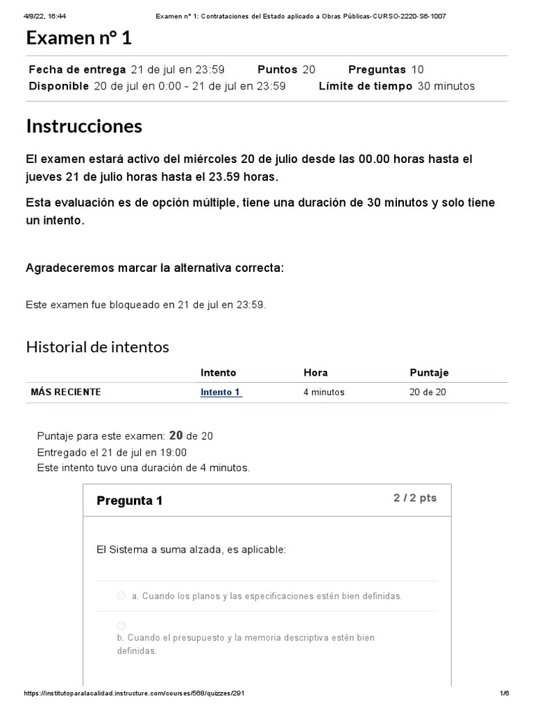 Examen N° 1 - Contrataciones Del Estado Aplicado A Obras Públicas-CURSO-2220-S6-1007 | PDF