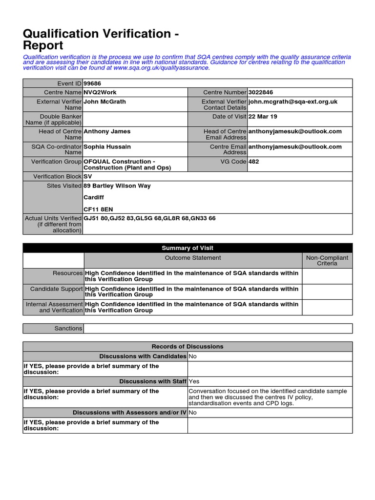 SQA Verification Report: NVQ2Work | PDF | Verification And Validation ...