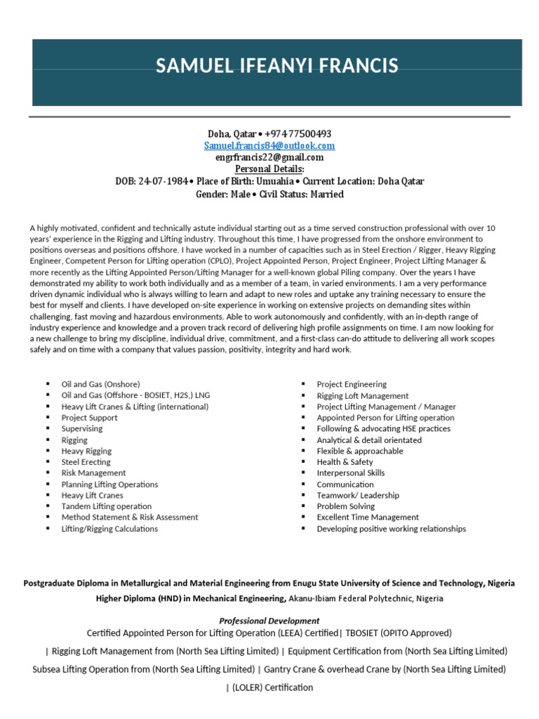 Samuel Francis Lifting Engineer Resume | PDF | Crane (Machine) | Audit